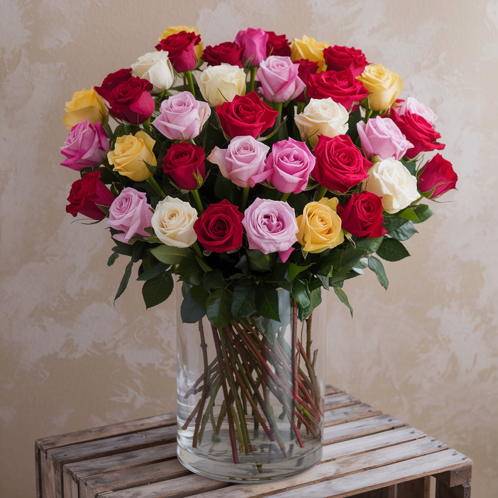 24 Multicolor Roses in a Glass Vase