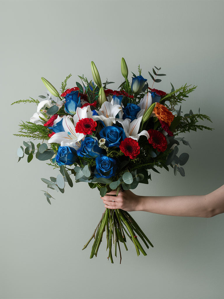 Striking Blue & Red Mixed Flower Bouquet