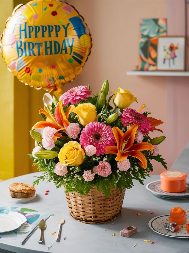 Festive Birthday Bloom Basket with Birthday Balloon